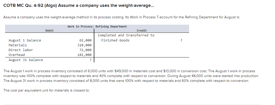 Solved COTB MC Qu. 4-92 (Algo) Assume a company uses the | Chegg.com