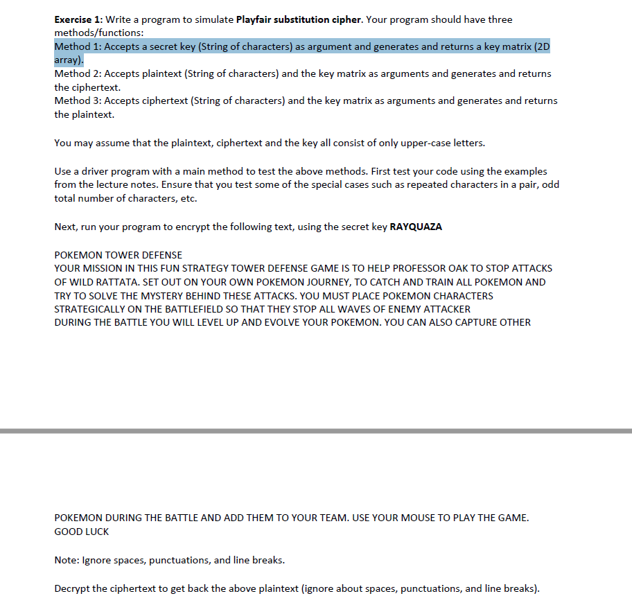 Solved Exercise 1: Write a program to simulate Playfair | Chegg.com