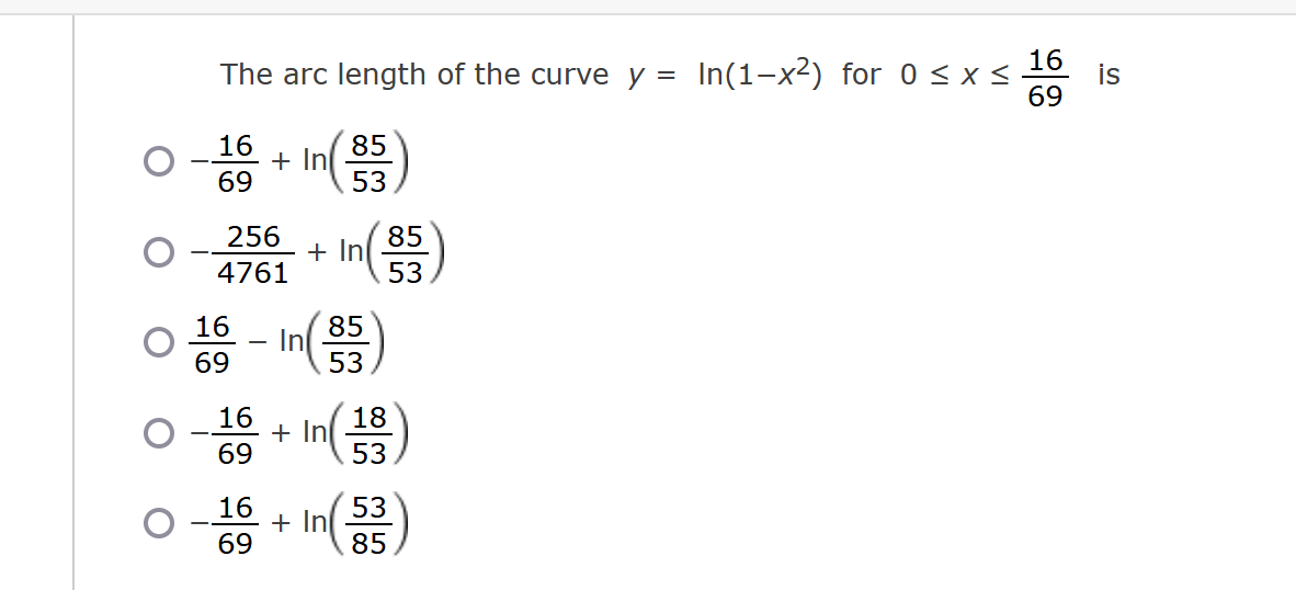 Solved The arc length of the curve y=ln(1−x2) for 0≤x≤6916 | Chegg.com