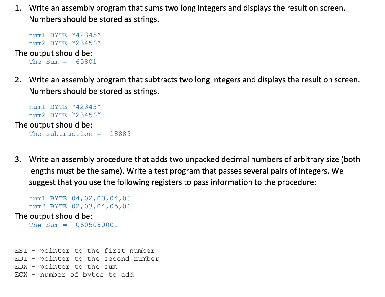Solved 1. Write an assembly program that sums two long | Chegg.com