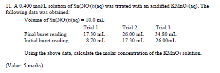 Solved 11. A 0.400 mol/L solution of Sn(NO3)2(aq) was | Chegg.com
