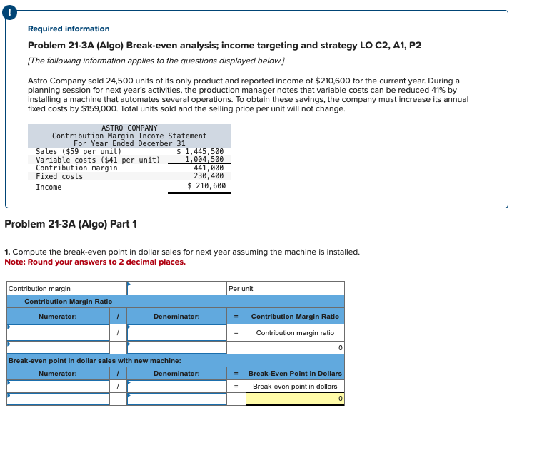 Solved Problem 21-3A (Algo) Break-even analysis; income | Chegg.com