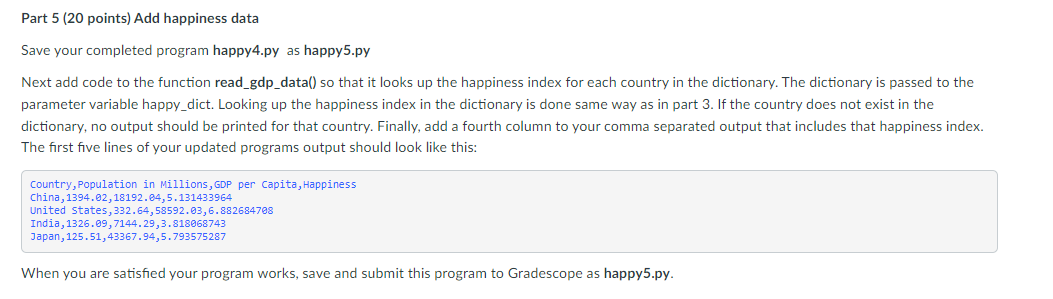 Solved Part 5 (20 points) Add happiness data Save your | Chegg.com