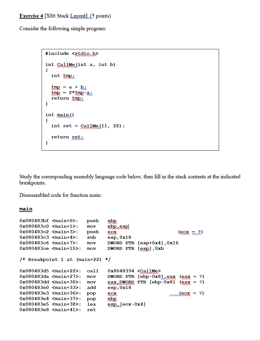 Exercise 4 (X86 Stack Layout (5 points) Consider the | Chegg.com