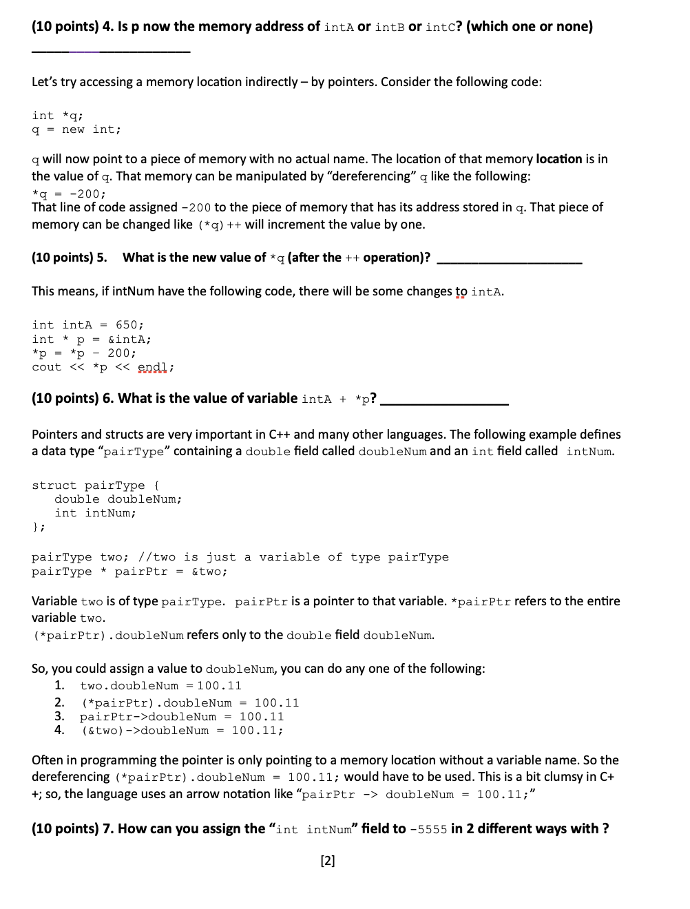 Solved (10 points) 4. Is p now the memory address of intA or | Chegg.com