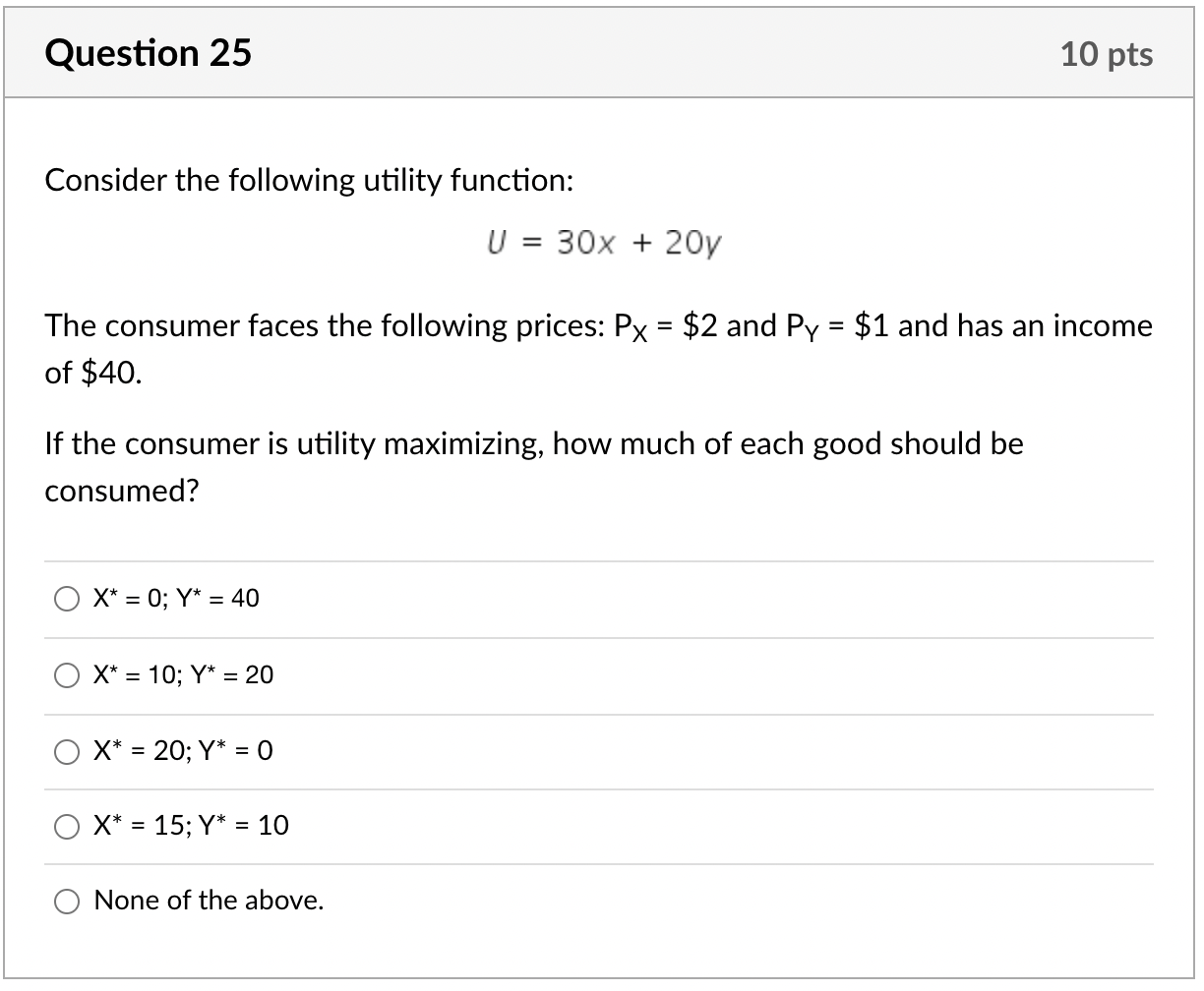 Solved Question 25Consider the following utility | Chegg.com