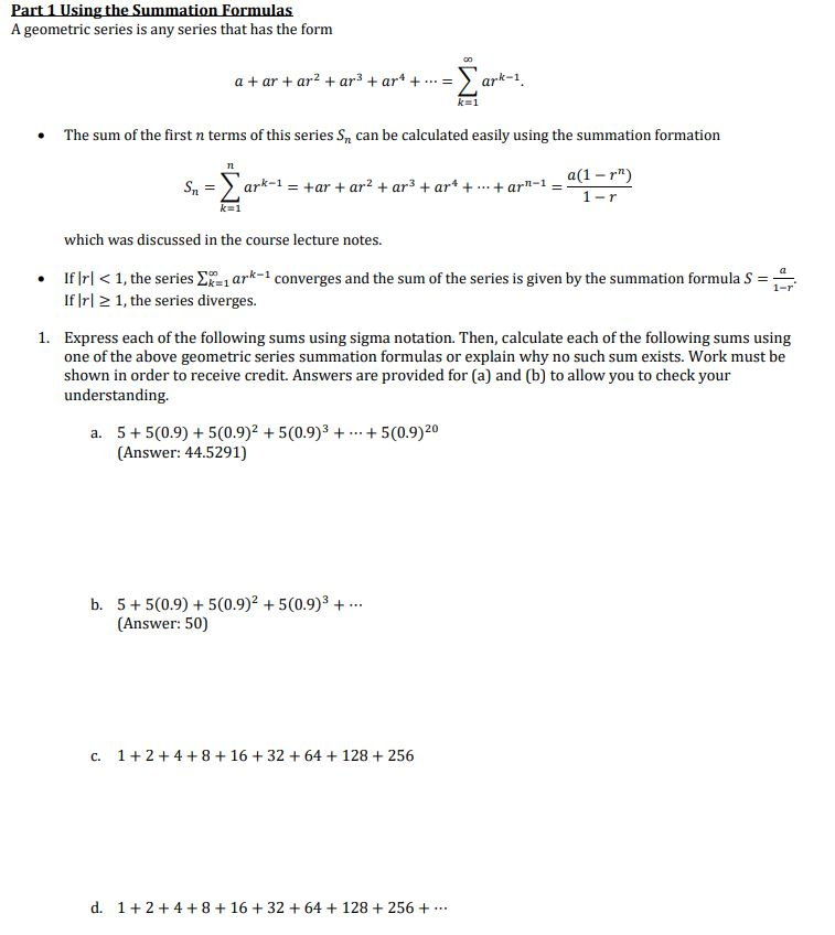 Solved Part 1 Using the Summation Formulas A geometric | Chegg.com