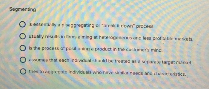 Solved Segmenting is essentially a disaggregating or "break | Chegg.com