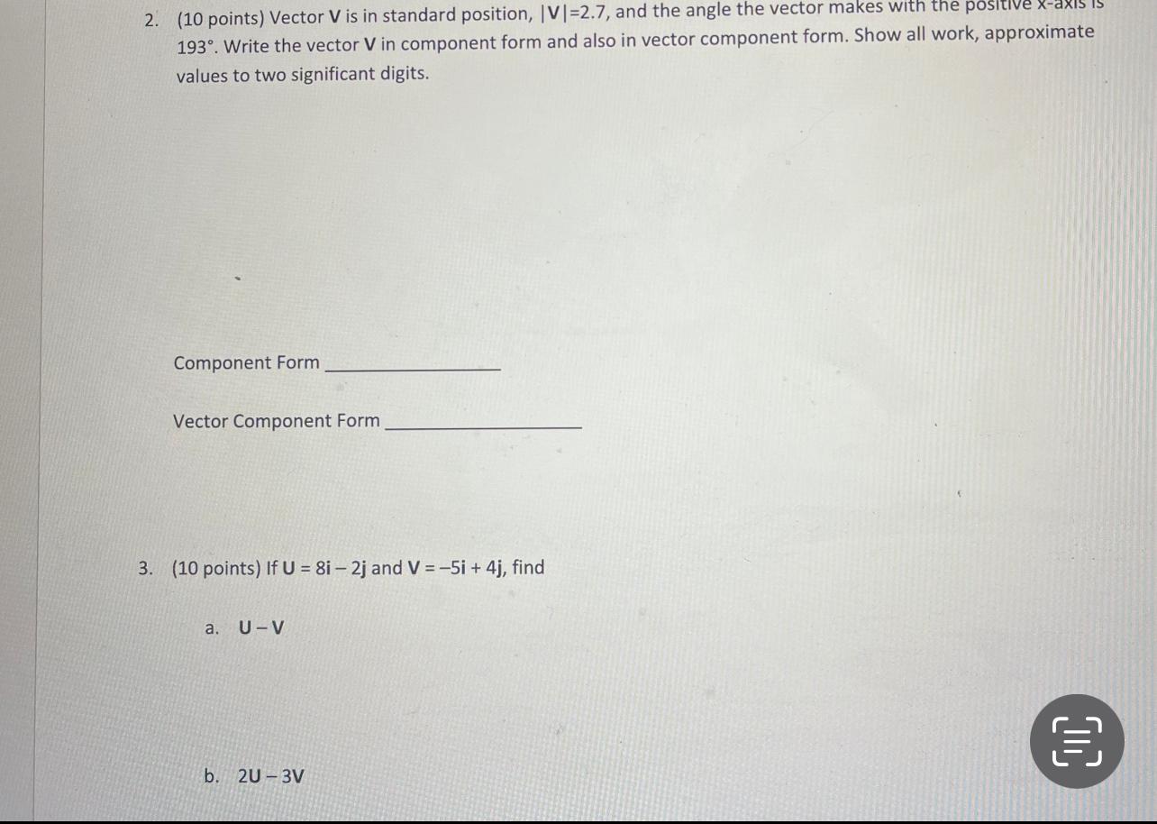 Solved 2. (10 points) Vector V is in standard position, | Chegg.com