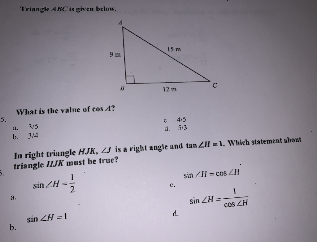 Solved Triangle ABC is given below. 15 m 9 Im 12 m What is | Chegg.com