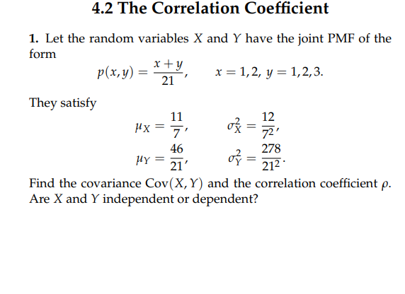 Solved 4.2 The Correlation Coefficient 1. Let the random | Chegg.com