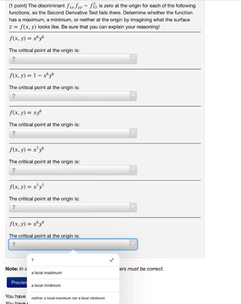 Solved (1 point) The discriminant fxx fy - ffy is zero at | Chegg.com