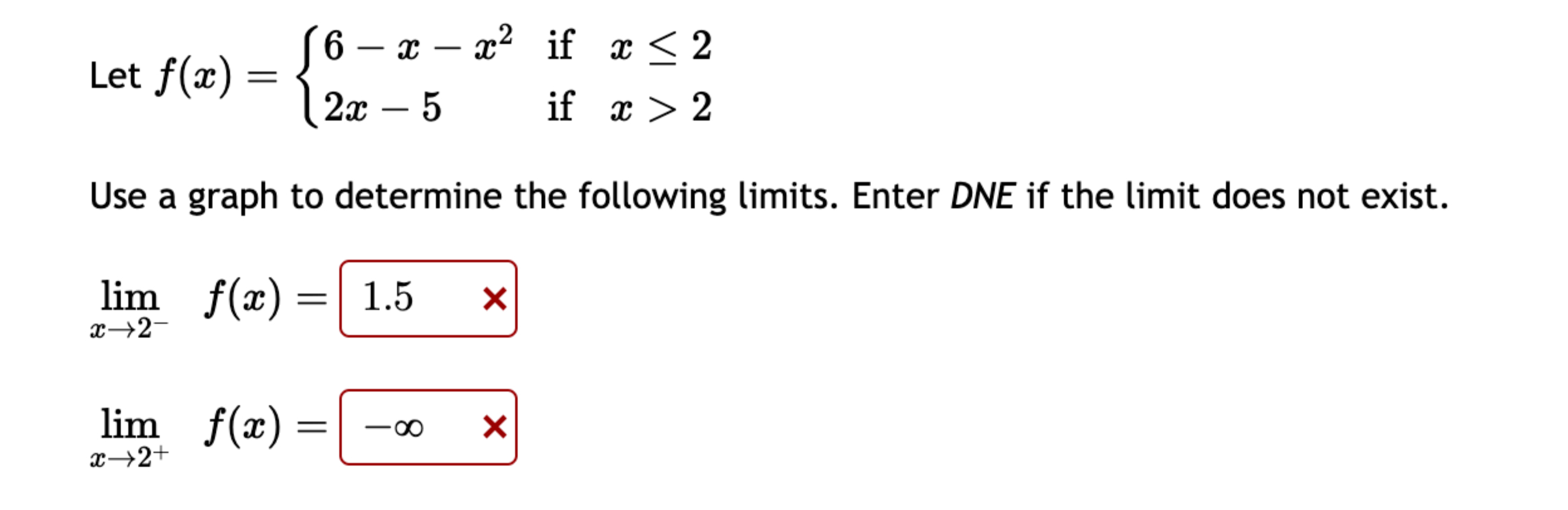 Solved Let f(x)={6-x-x2 if x≤22x-5 if x>2Use a graph to | Chegg.com