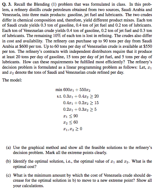 Solved Q. 3. Recall the Blending (1) problem that was | Chegg.com