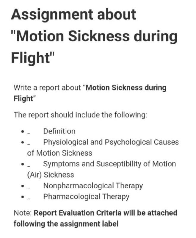 Solved Assignment about "Motion Sickness during Flight" | Chegg.com