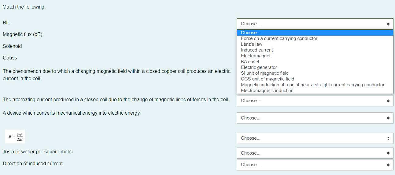 Solved Match the following BIL Choose... Magnetic flux (9B) | Chegg.com