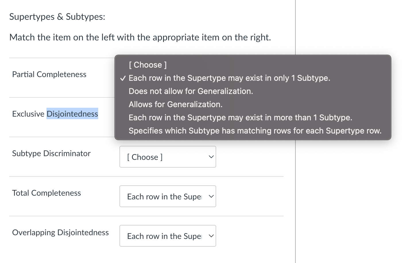 Solved Supertypes \& Subtypes: Match the item on the left | Chegg.com