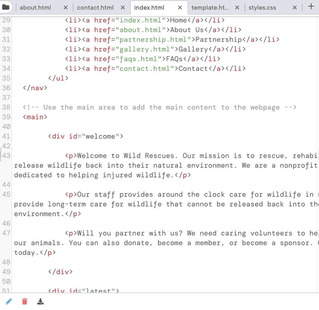 Solved Open the index.html, about.html, contact.html, and | Chegg.com
