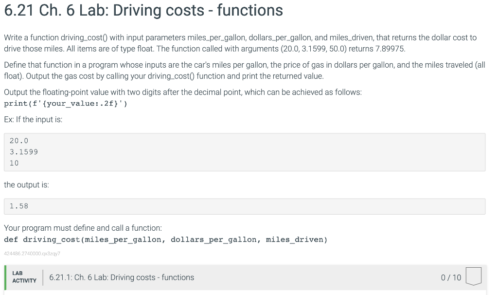 Solved 6.21 Ch. 6 Lab: Driving costs - functions Write a | Chegg.com