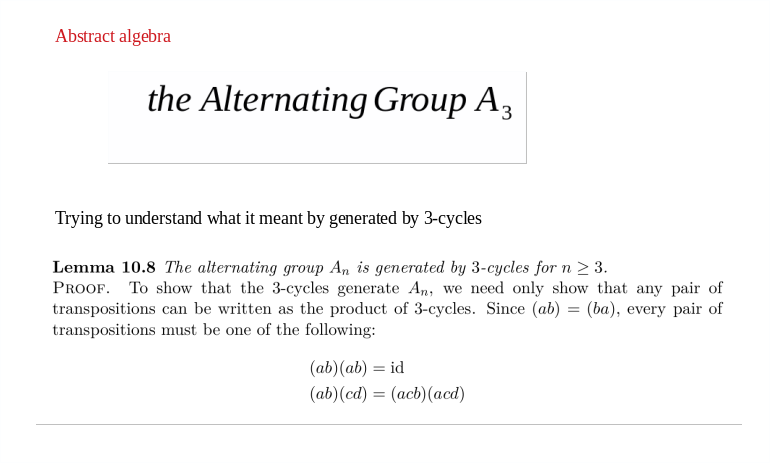 Solved Abstract algebra the Alternating Group A, Trying to | Chegg.com