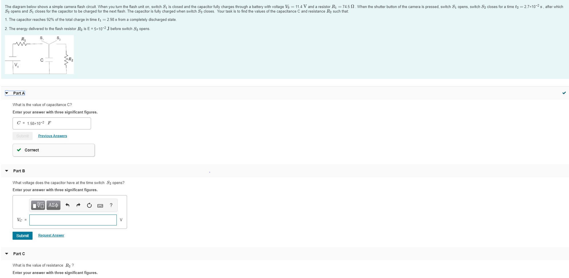 Solved The diagram below shows a simple camera flash | Chegg.com