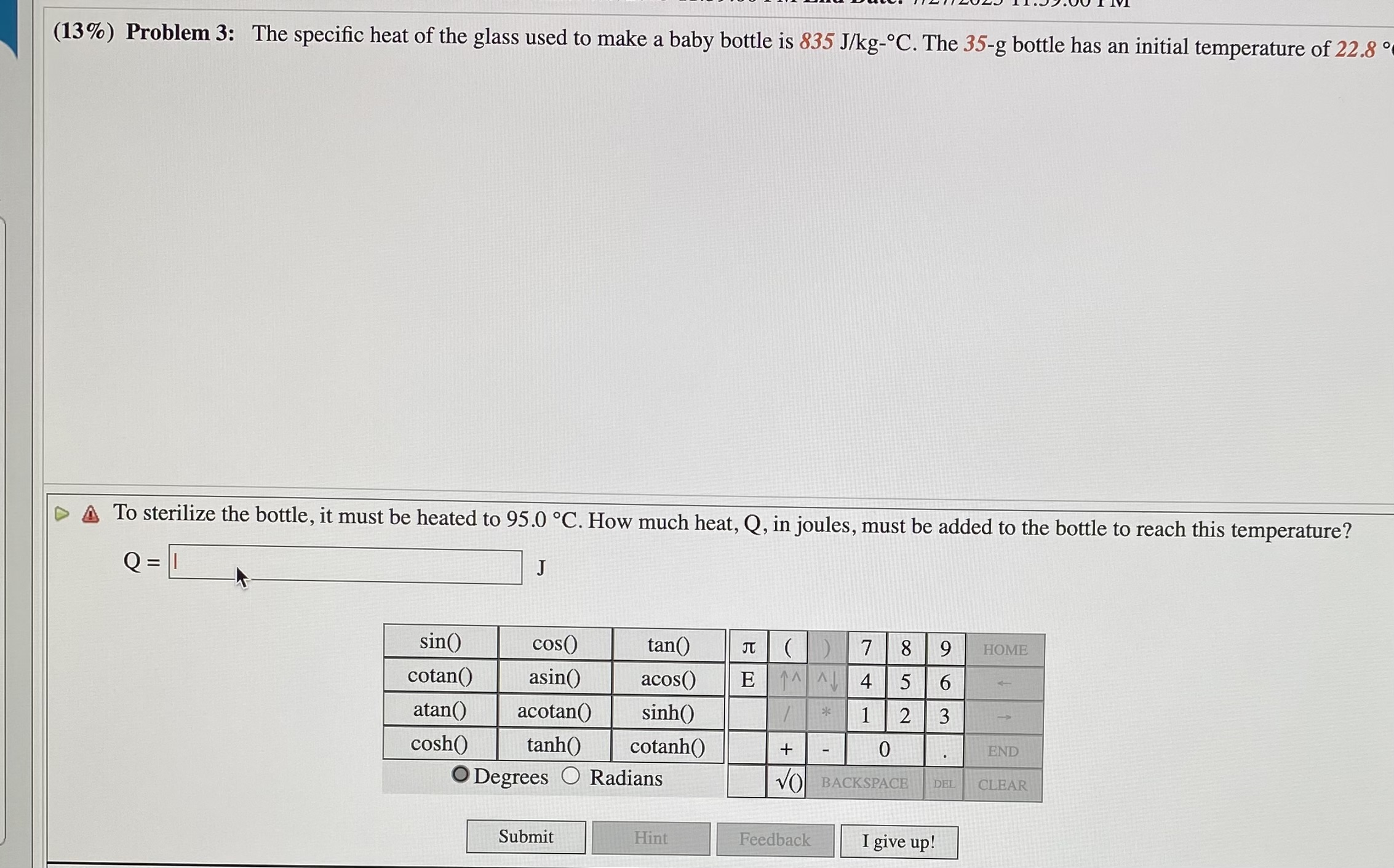Solved (13\%) Problem 3: The specific heat of the glass used | Chegg.com