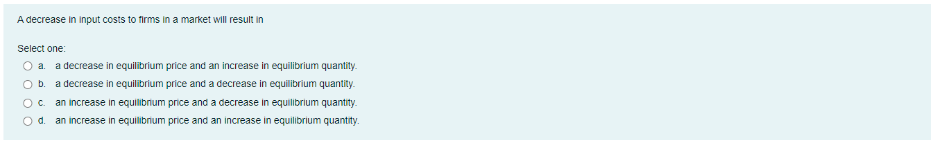 Solved A decrease in input costs to firms in a market will | Chegg.com