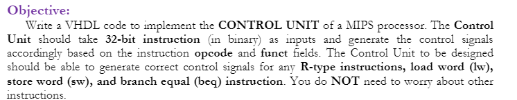 Solved Objective: Write a VHDL code to implement the CONTROL | Chegg.com