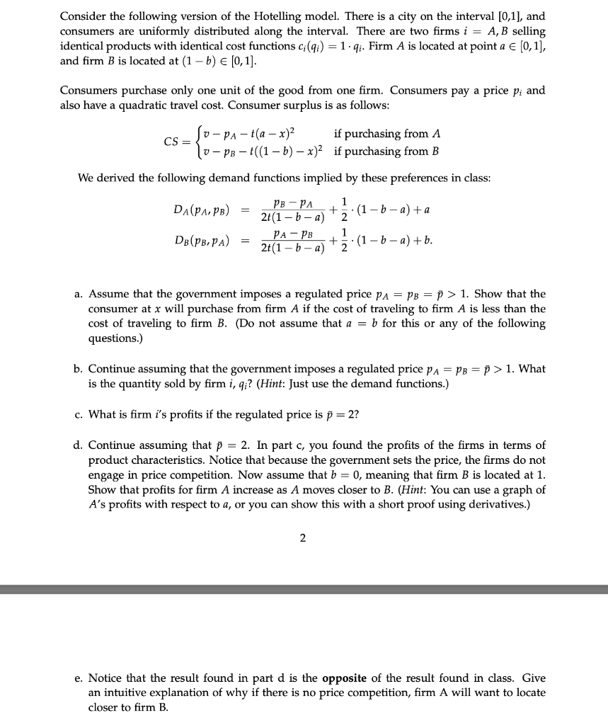 Consider the following version of the Hotelling | Chegg.com