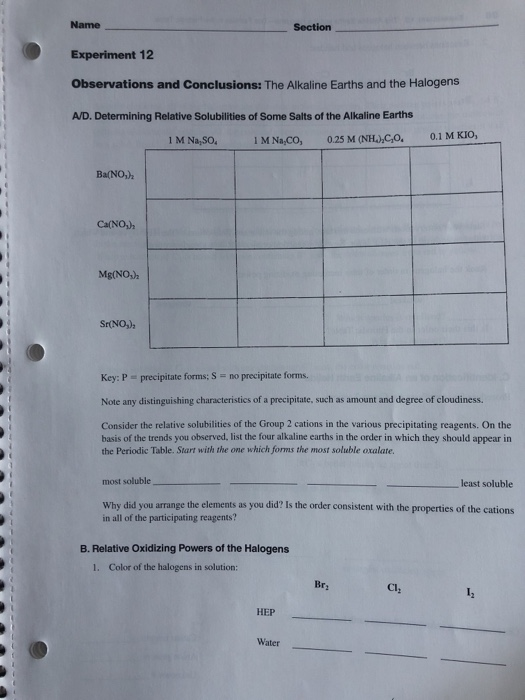 1 Name Section Experiment 12 Observations and | Chegg.com