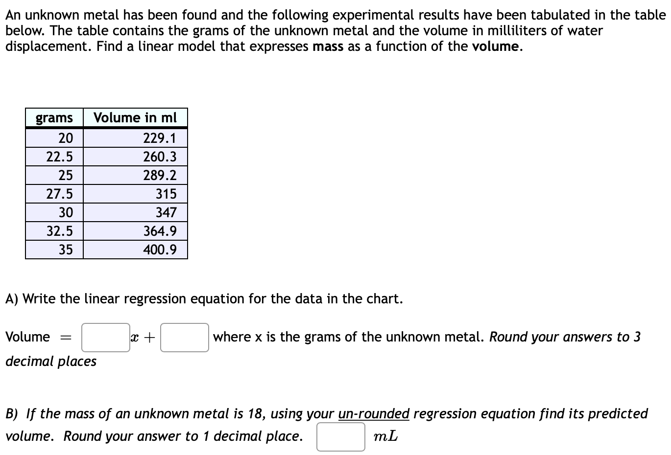 Solved Linear Regression The table below shows the value, V, | Chegg.com