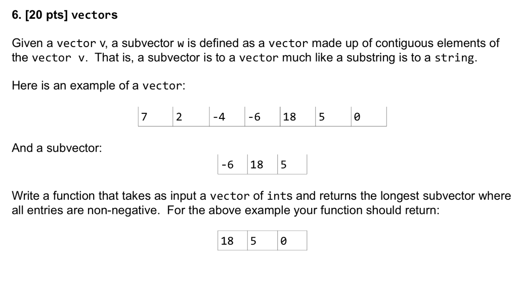Solved 6. [20 pts] vectors Given a vector v, a subvector w | Chegg.com