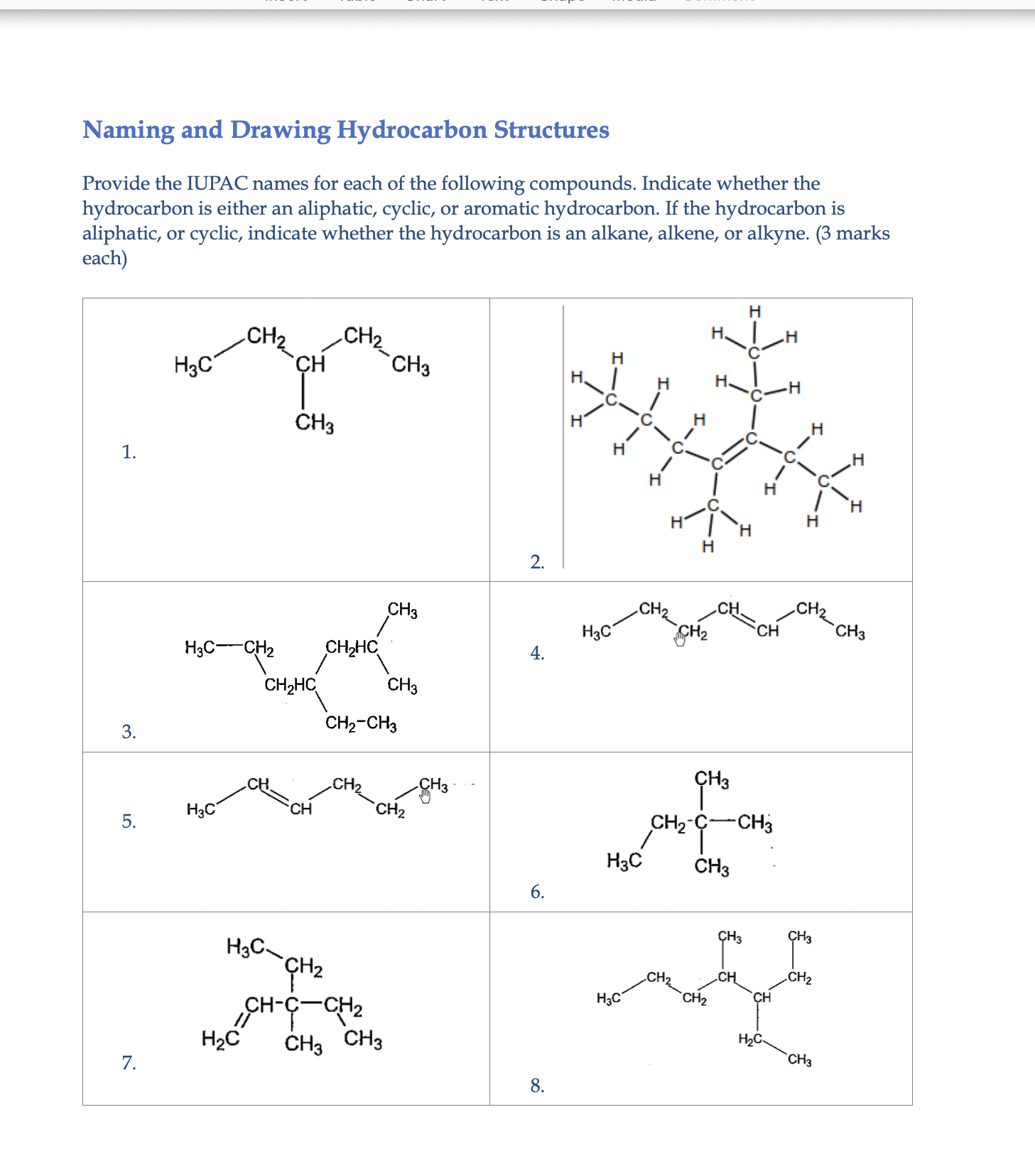 Solved Naming and Drawing Hydrocarbon Structures | Chegg.com