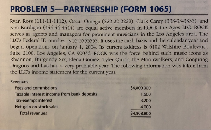 Solved PROBLEM 5-PARTNERSHIP (FORM 1065) Ryan Ross | Chegg.com