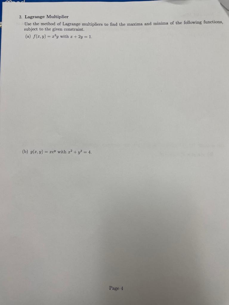 Solved 3. Lagrange Multiplier Use the method of Lagrange | Chegg.com