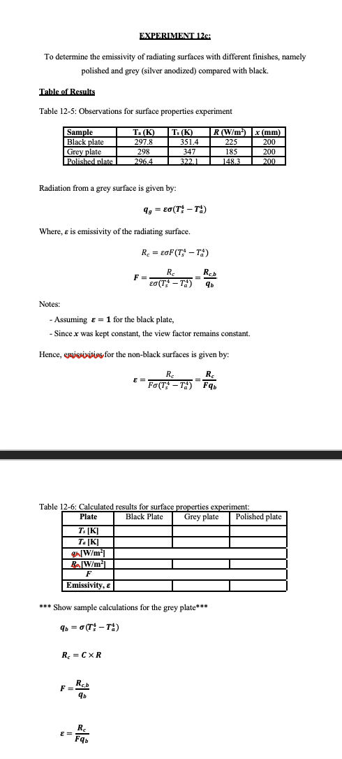 EXPERIMENT 12c: To determine the emissivity of | Chegg.com