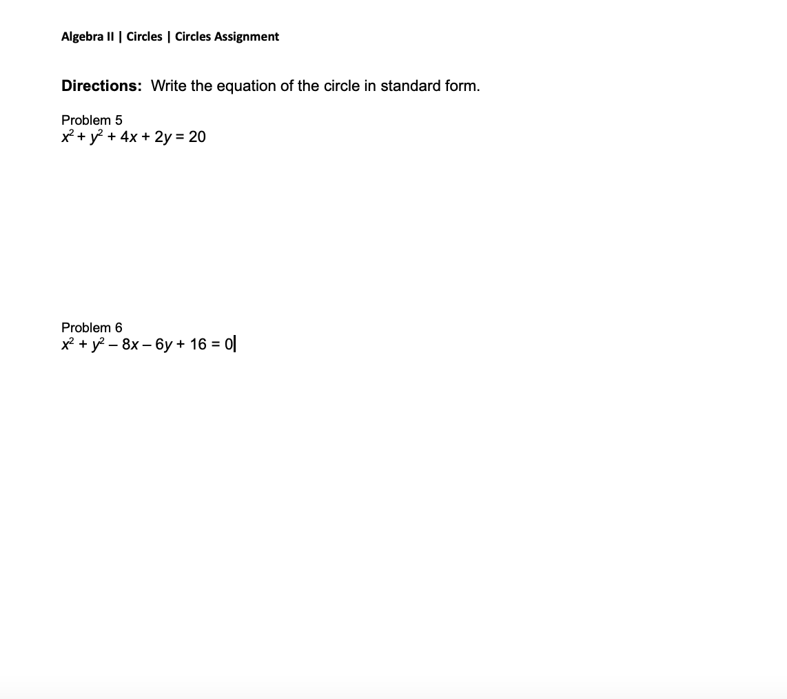 Solved Algebra II Circles Circles Assignment Directions: | Chegg.com