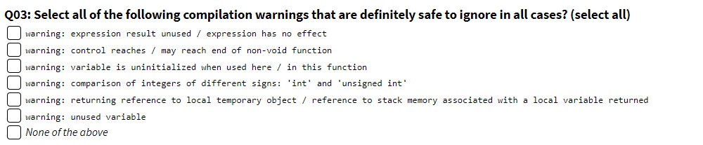 Solved Q03: Select all of the following compilation warnings | Chegg.com