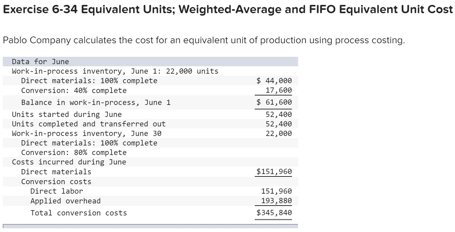 Solved Exercise 6-34 Equivalent Units; Weighted-Average and | Chegg.com