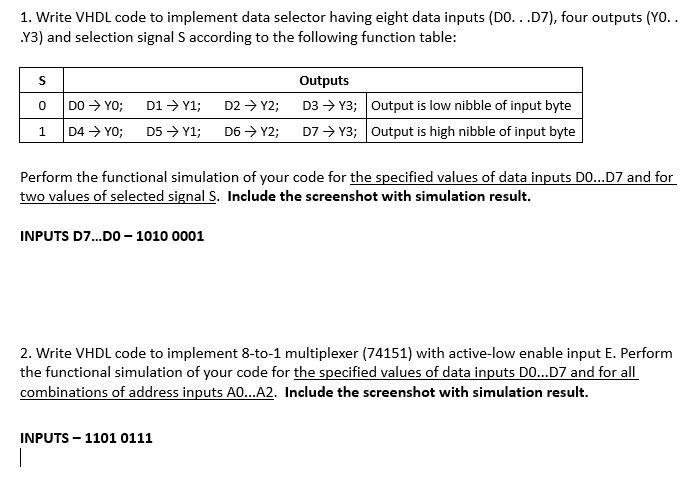 1. Write VHDL code to implement data selector having | Chegg.com
