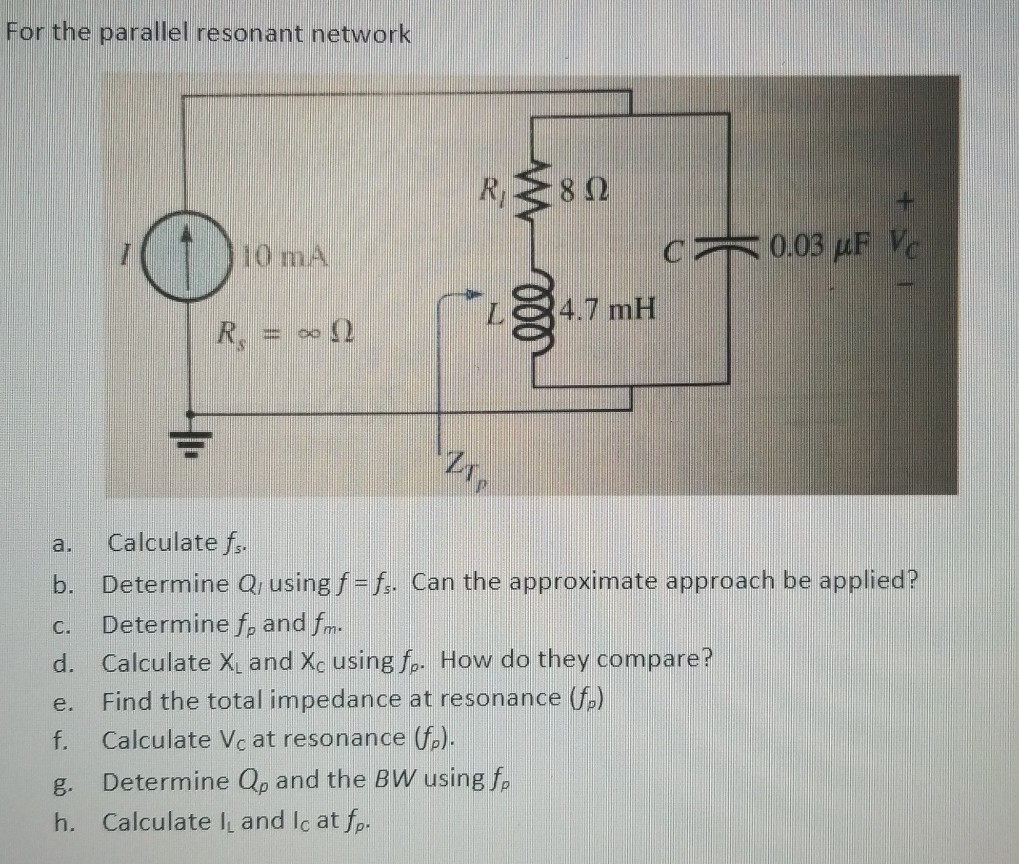 Solved For the parallel resonant network 5802 10 mA 0.03 uF | Chegg.com