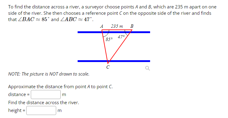 Solved To find the distance across a river, a surveyor | Chegg.com