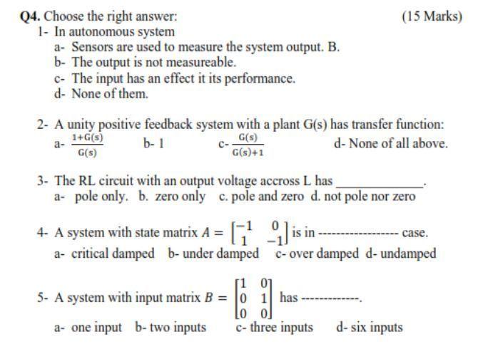 Solved (15 Marks) Q4. Choose the right answer: 1- In | Chegg.com