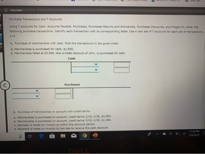 Solved 目Calculator Purchase Transactions and T Accounts | Chegg.com
