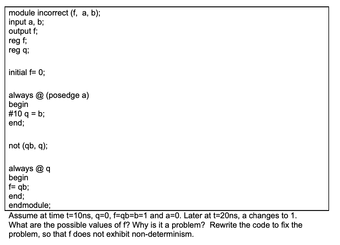 module incorrect (f, a, b); input a, b; output f; reg | Chegg.com
