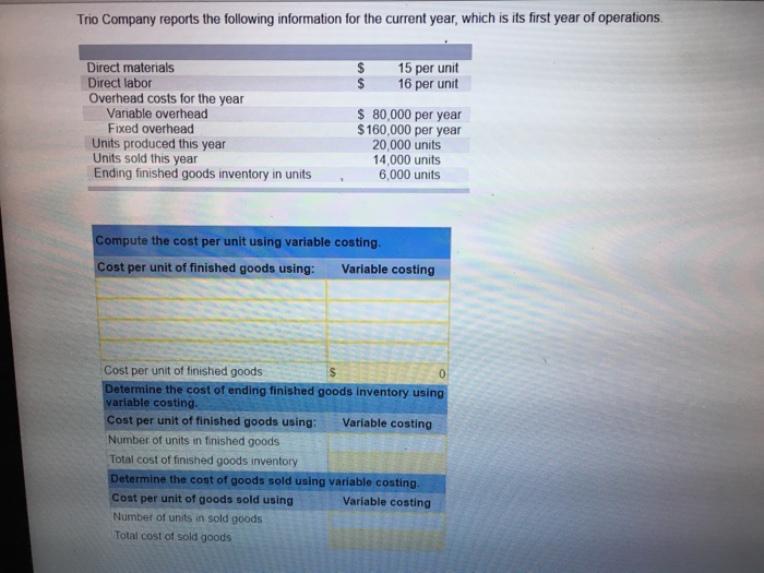 Solved Trio Company reports the following information for | Chegg.com