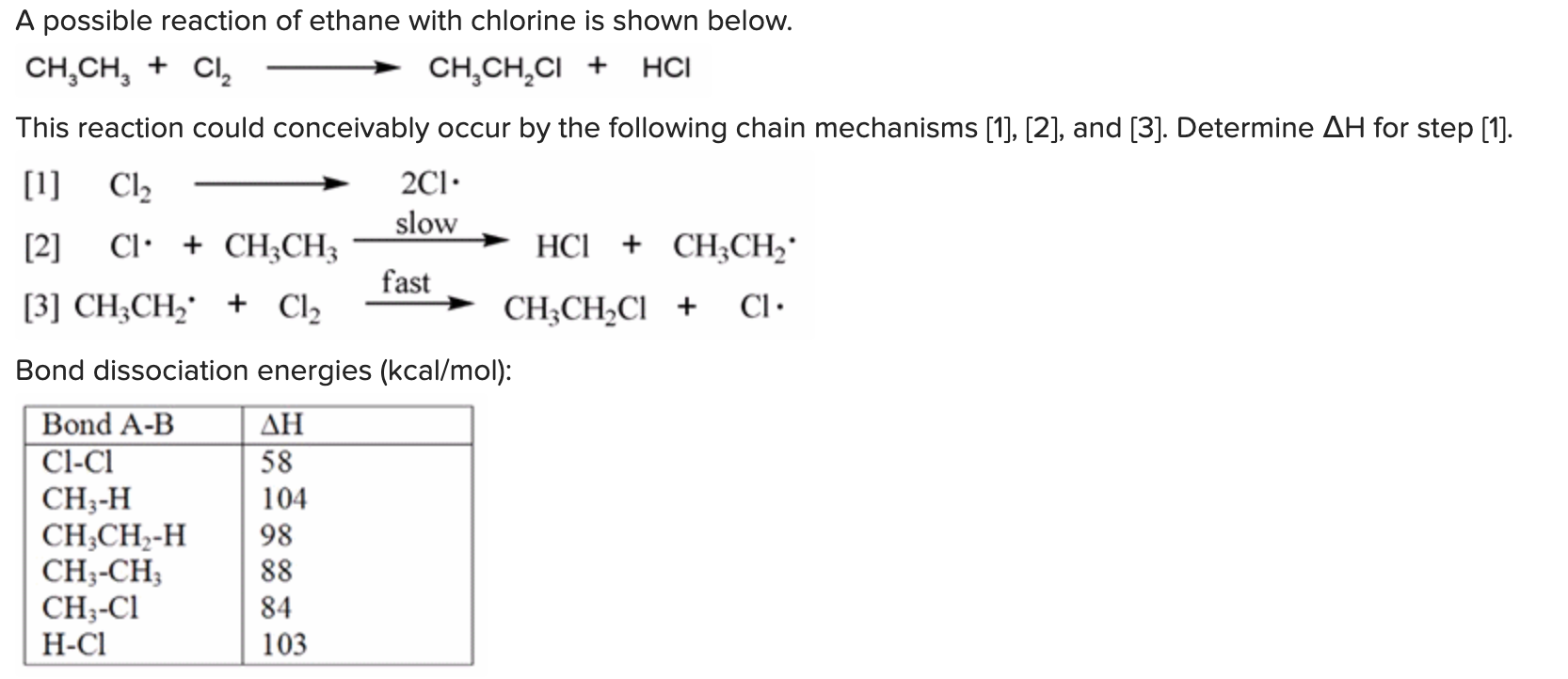 Solved A possible reaction of ethane with chlorine is shown | Chegg.com
