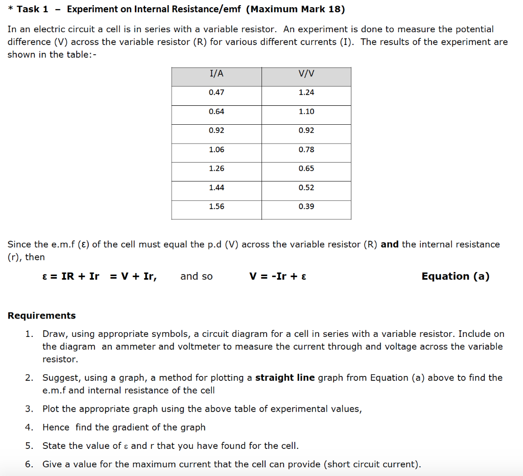 Solved * Task 1 - Experiment on Internal Resistance/emf | Chegg.com