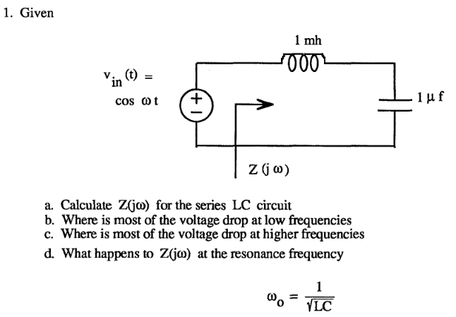 Solved 1. Given a. Calculate Z(jω) for the series LC circuit | Chegg.com