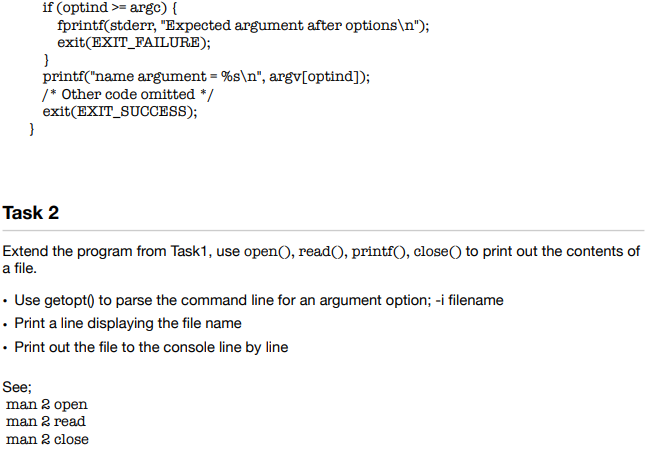 Task 1 Write a program that uses the function getopt | Chegg.com